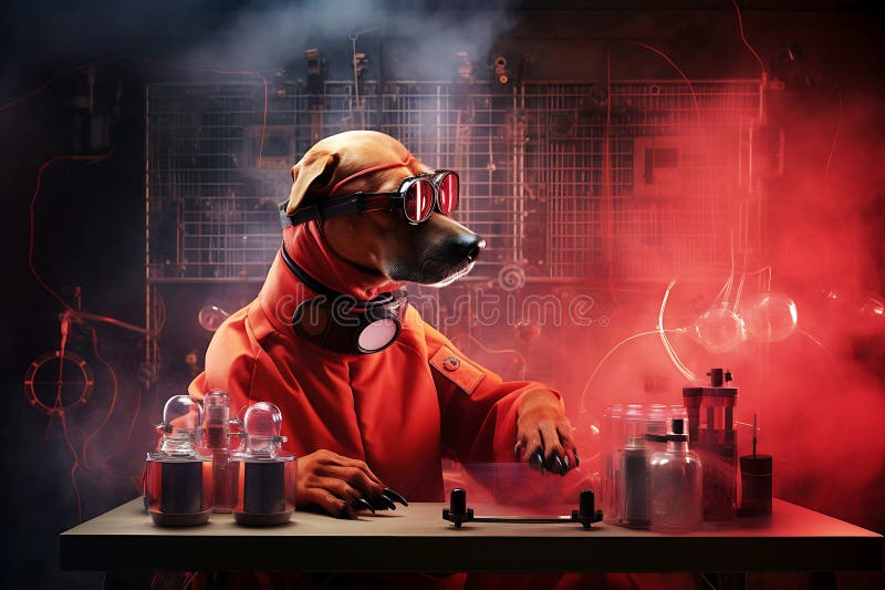 Dog Scientist in a Red Protective Suit and Glasses in the Laboratory ...