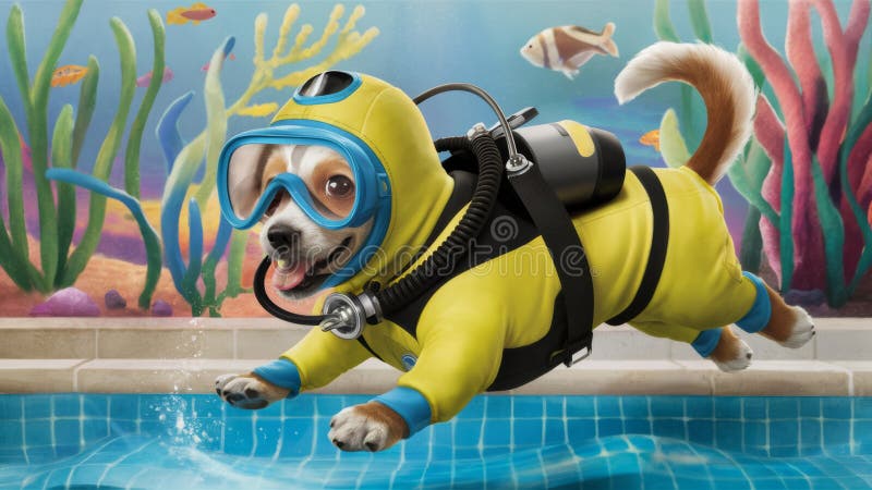 A Dog in a Scuba Suit Diving into the Pool, AI Stock Illustration ...