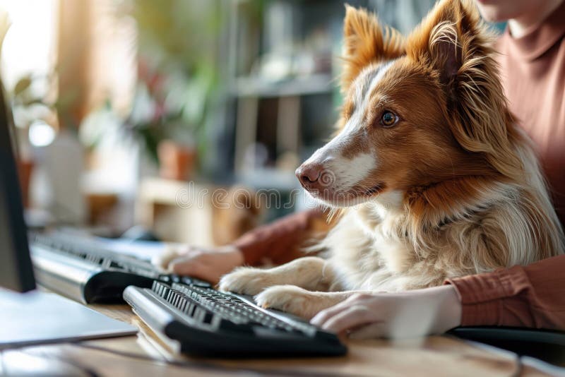 A Dog is Settled on a Persons Lap, Watching Them Work on a Computer ...