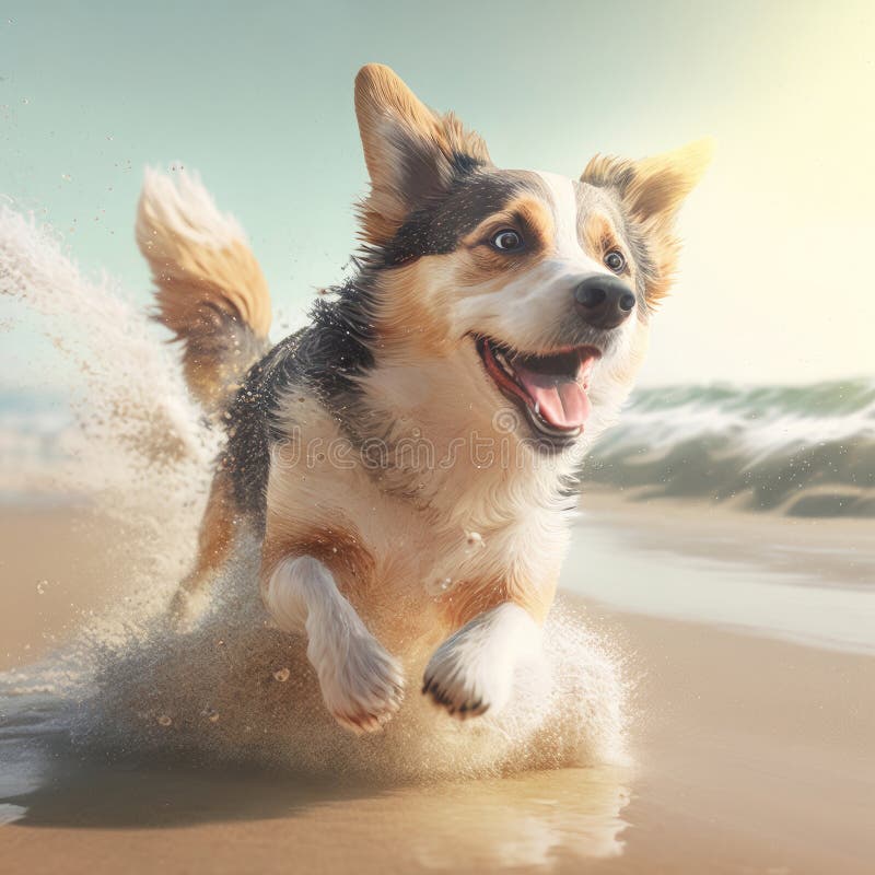 Dog Shepherd Summer Beach Activities. Australian Shepherd Dog in Fun ...