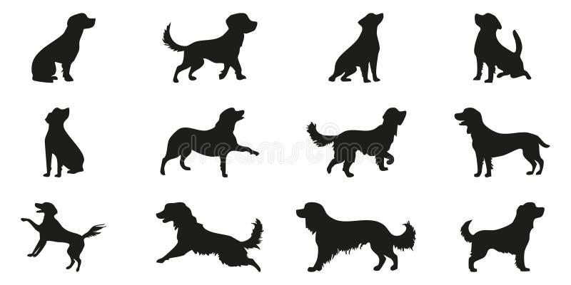 Dog Silhouettes in Various Poses Set. Canine Behavior and Movement ...