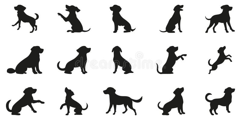Dog Silhouettes in Various Poses Set. Canine Behavior and Training ...