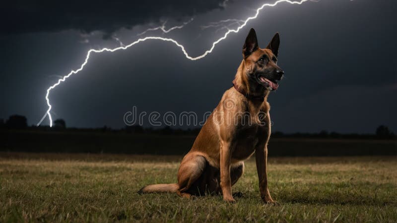 A Dog Sits Calmly in a Field Under a Dramatic Lightning Storm Stock ...