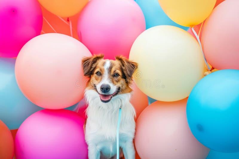 Dog Sits among the Festive Decorations. Dog among Balloons Stock Photo ...