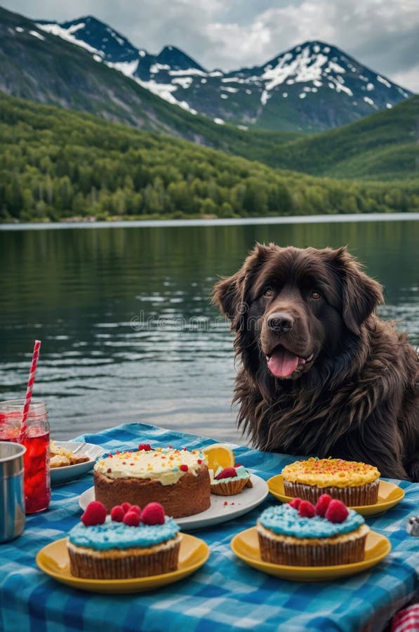 Happy Newfoundland Dog at Lakeside Birthday Picnic Stock Illustration ...