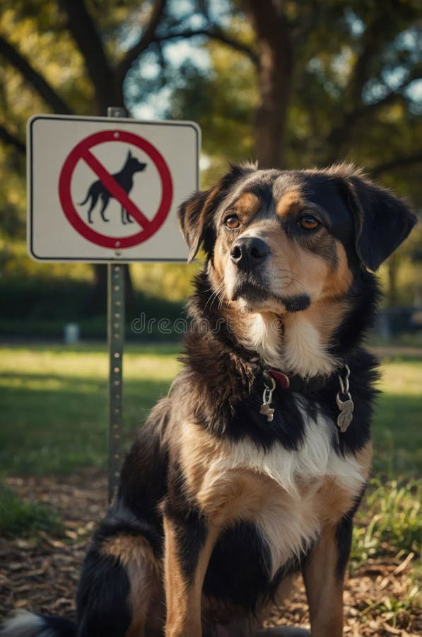 Lovely Tricolor Dog Sitting Near No Dogs Allowed Sign in Park Stock ...
