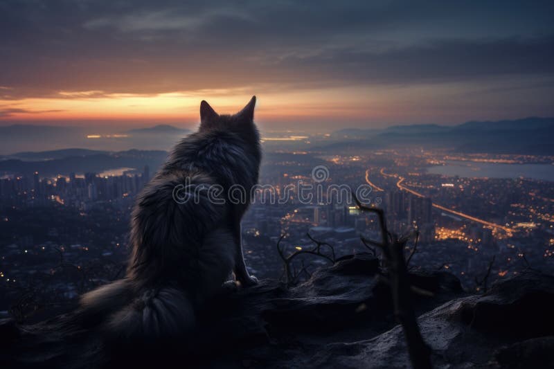 A Dog Sits on a Rock, Looking Out at the City Skyline Stock Photo ...