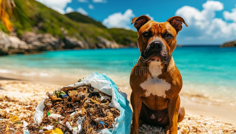 Dog Sitting on Beach with Pile of Plastic Garbage, Marine Pollution ...