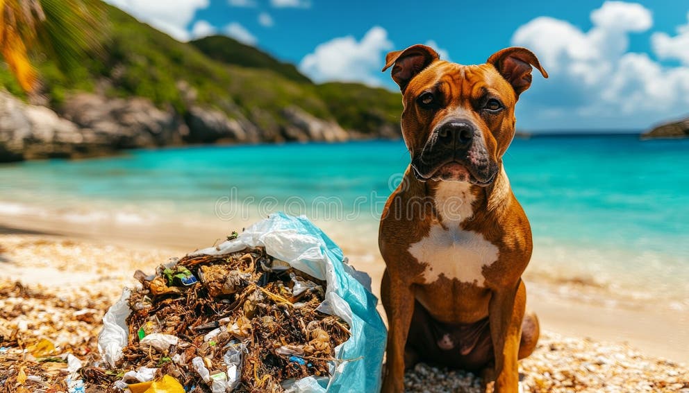 Dog Sitting on Beach with Pile of Plastic Garbage, Marine Pollution ...