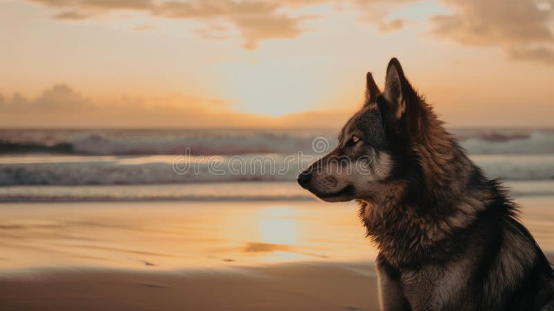 A Wolf Sitting on the Beach at Sunset. AI Generative Image. Stock ...
