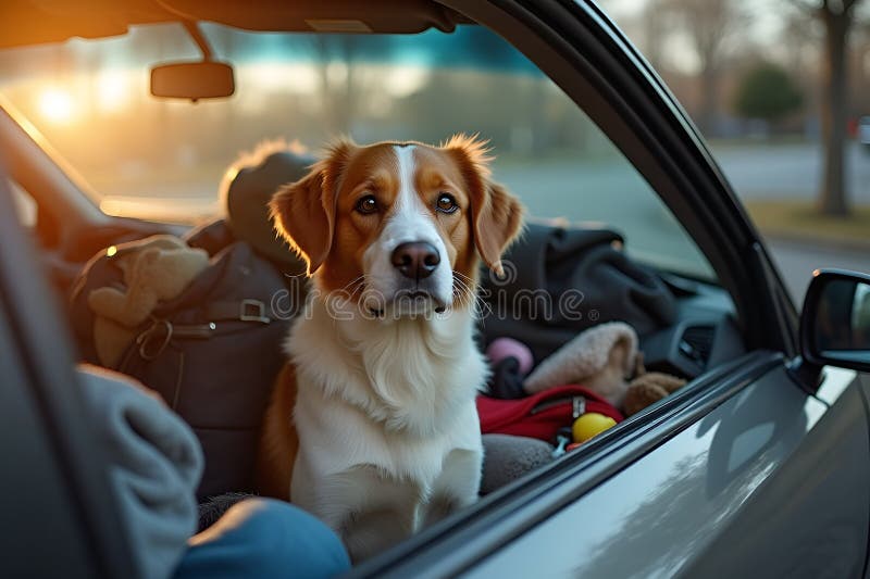 The Dog is Sitting in the Car with Boxes. Moving Topic, Housewarming ...