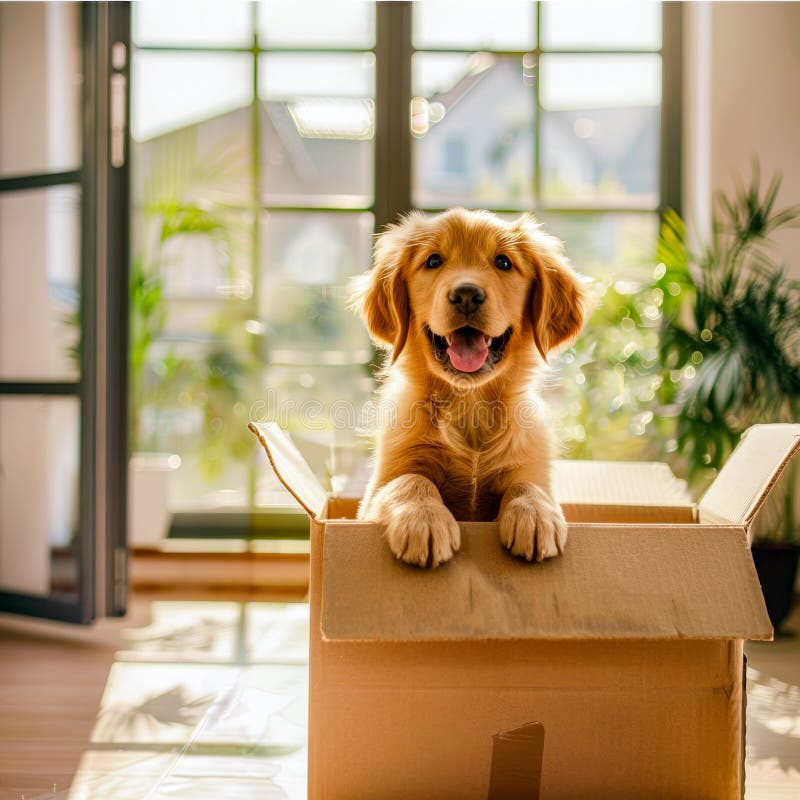 Dog Sitting in Cardboard Box with His Paws on the Top of the Box. AI ...