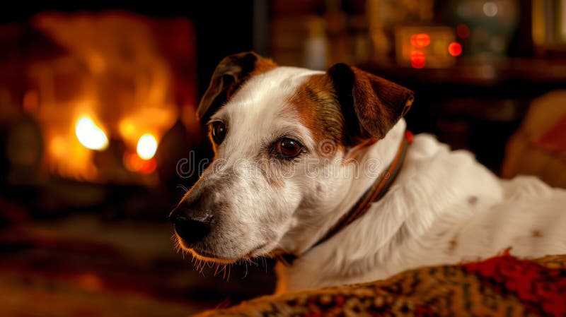 A Dog Sitting on a Couch in Front of the Fireplace, AI Stock Image ...