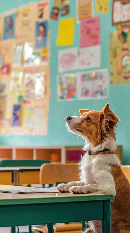 Dog Sitting on a Desk in a Classroom Environment with School Supplies ...