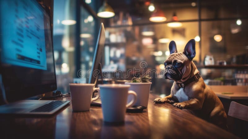 A Dog Sitting on a Desk Next To a Computer. Generative AI Image. Stock ...