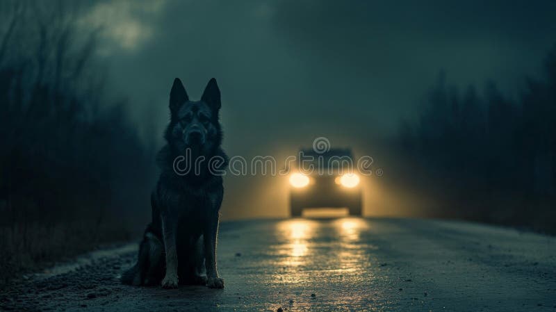 Dog Sitting on Foggy Road at Night Stock Illustration - Illustration of ...