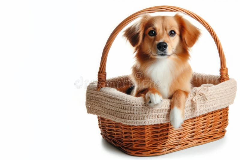 Dog Sitting Inside Basket on White Background. Space for Text. Stock ...