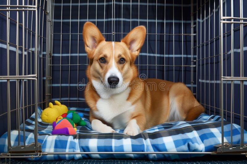 Dog Sitting Inside a Crate with Its Favorite Toy Stock Image - Image of ...