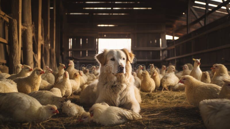 A Dog Sitting in the Middle of a Bunch of Chickens Stock Illustration ...