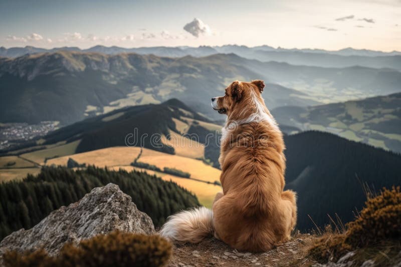 Dog Sitting on Mountain Peak, with View of the Rolling Hills and ...