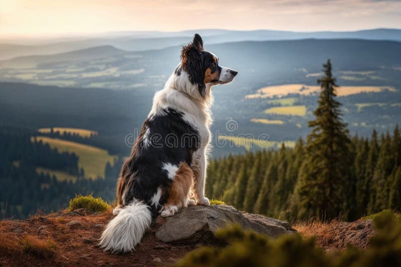Dog, Sitting on Mountain Summit, with View of Rolling Hills and Forests ...