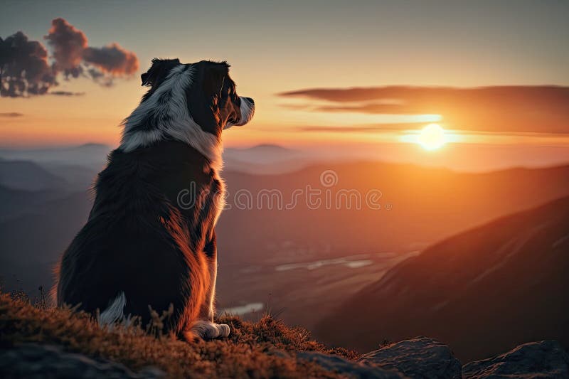 Dog, Sitting on Mountaintop, with View of the Sun Setting Over the ...