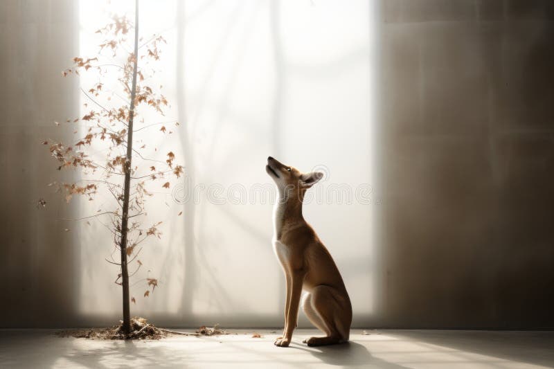 A Dog Sitting Next To a Tree in a Room Stock Illustration ...