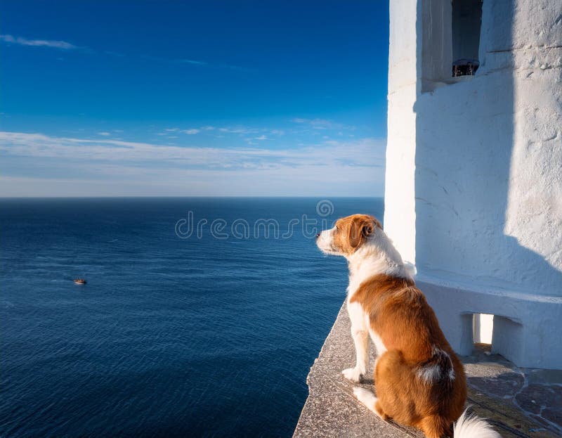 A Dog Sitting on the Observation Deck of a Towering Lighthouse ...