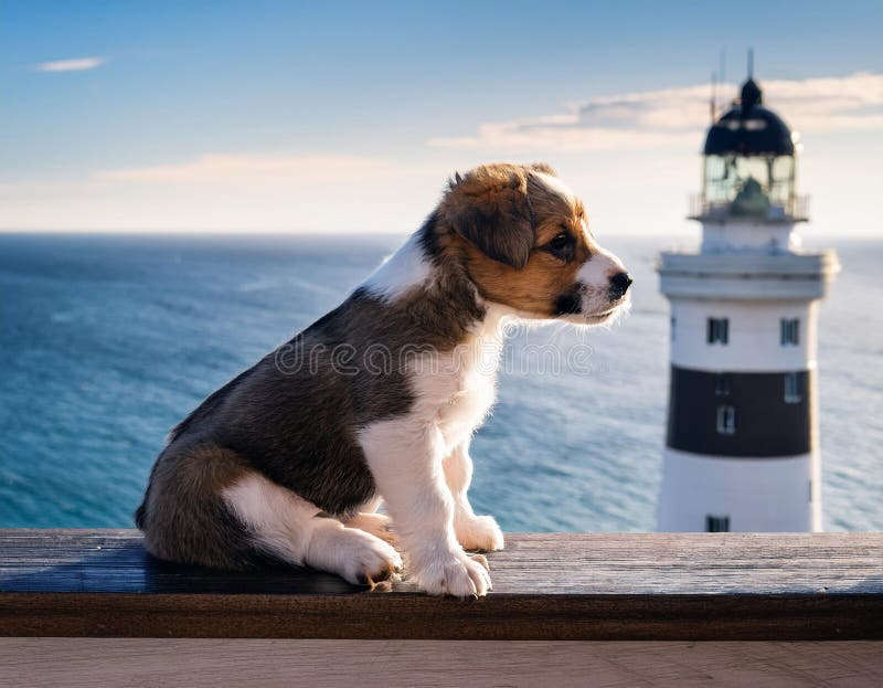 A Dog Sitting on the Observation Deck of a Towering Lighthouse ...