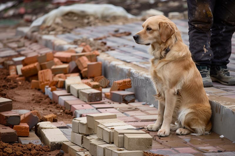 Dog Sitting by a Pile of Bricks, Person Laying a Brick Path Stock Photo ...