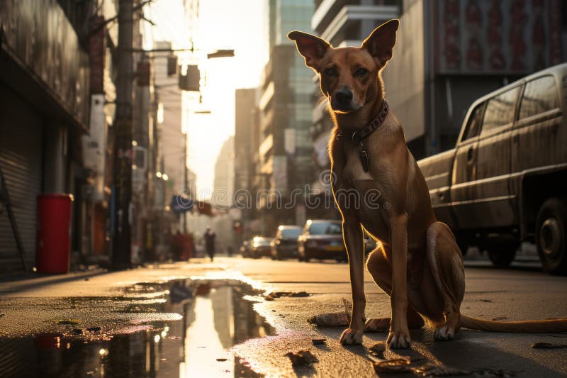 A Dog Sitting on the Side of the Street Stock Illustration ...
