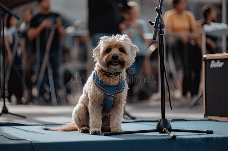 Dog Sitting on Stage with Guitar and Microphone, Ready To Rock Out in ...