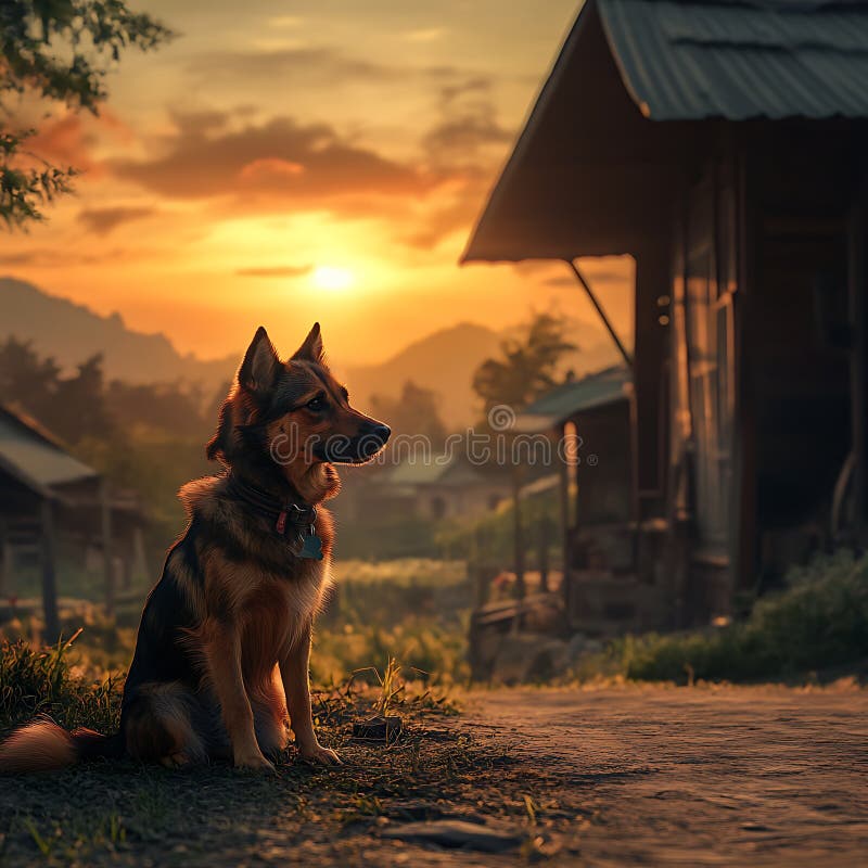 Dog Sitting at Sunset Near a Rustic Cabin Stock Illustration ...
