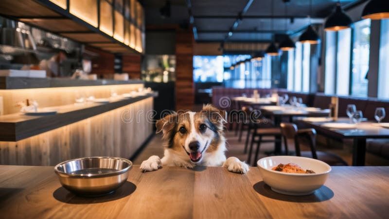 A Dog Sitting at a Table with Bowls and Plates, AI Stock Photo - Image ...