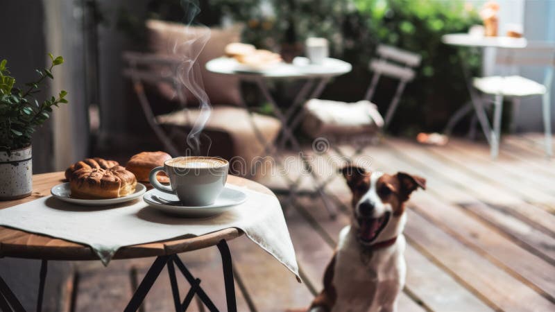 A Dog Sitting on a Table with Coffee and Pastries, AI Stock Photo ...