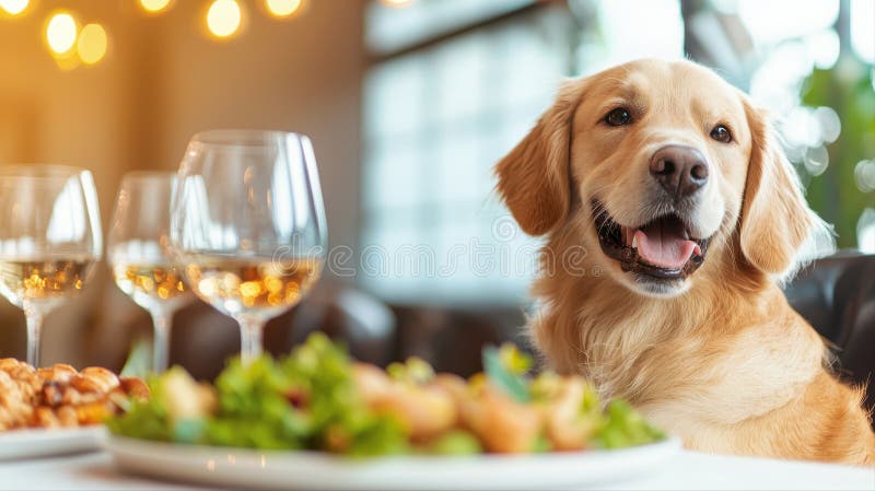 Dog Sitting at a Table Enjoying a Gourmet Feast with a Satisfied Look ...