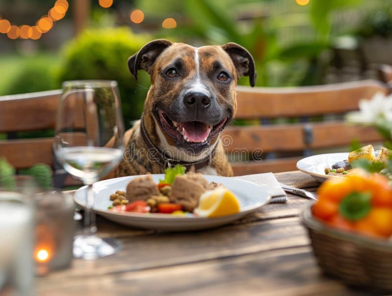 A Dog Sitting at a Table with Food and Wine Stock Image - Image of ...