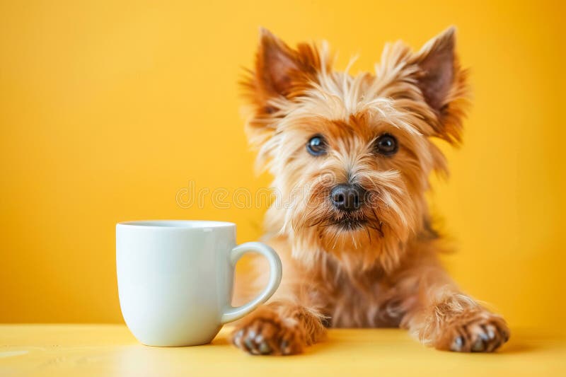 A Dog Sitting at a Table with a Yellow Cup, Posing for the Camera in a ...