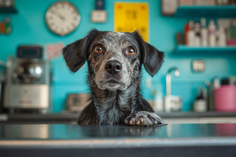 A Dog Sitting on Top of a Counter in a Kitchen Stock Photo - Image of ...