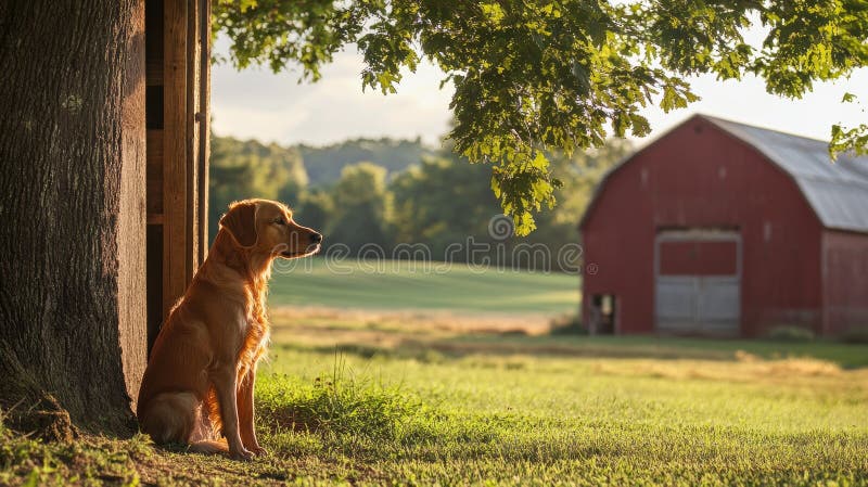A Dog is Sitting Under a Tree in a Field Stock Illustration ...