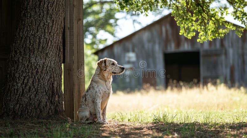 A Dog is Sitting Under a Tree in a Field Stock Illustration ...