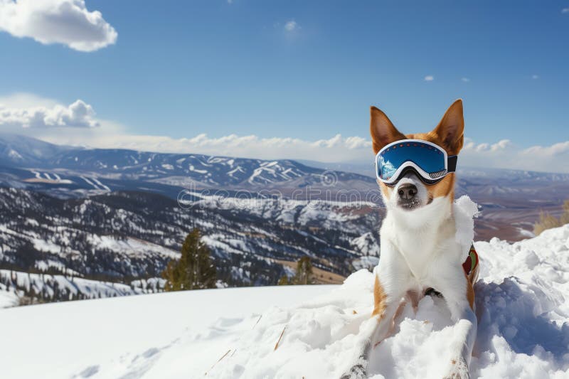 Dog with Ski Goggles on a Snowy Mountain Overlook Stock Image - Image ...