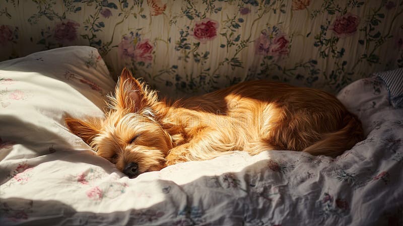 Dog Sleeping at Foot of Bed, Early Rays Hitting Fur. Stock Image ...