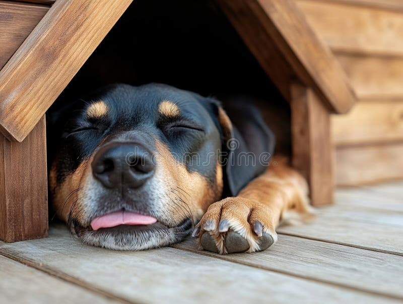A Dog Sleeping in a Dog House with Its Tongue Out Stock Image - Image ...
