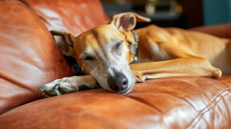 A Dog Sleeping on a Leather Couch with His Head Resting in the Crook of ...