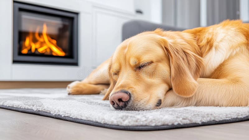 A Dog Sleeping on a Rug in Front of the Fireplace, AI Stock Photo ...