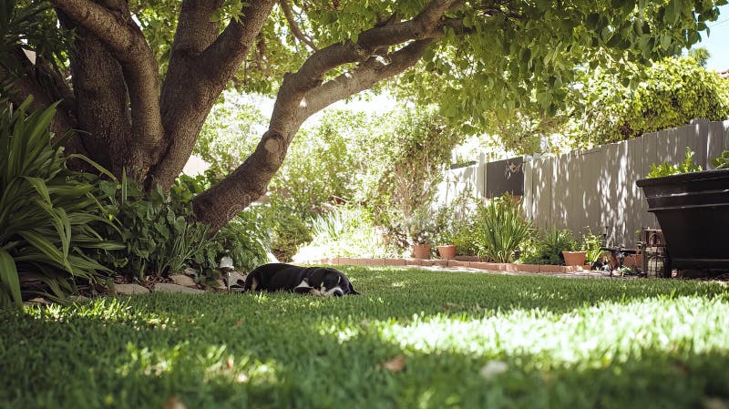 Dog Sleeping Shady Backyard Garden Summer Sun Stock Photo - Image of ...