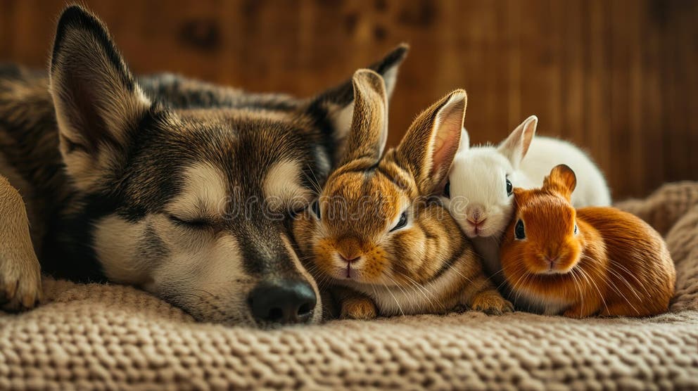 A Dog Sleeping with Three Rabbits and a Rabbit Cub Stock Photo - Image ...