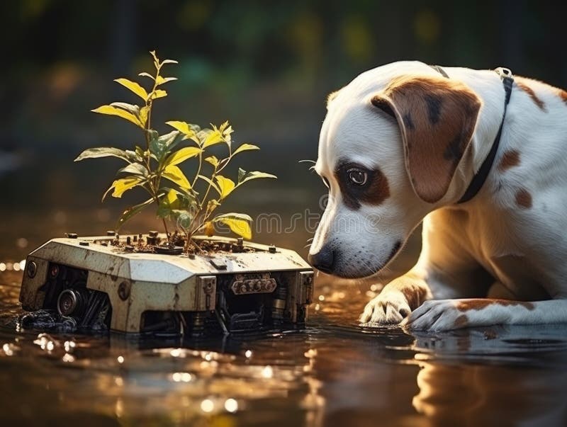 A Dog Sniffing a Plant in the Water. Generative AI Image. Stock ...