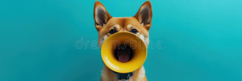 Dog Speaks through Megaphone on Teal Backdrop, Communication Theme ...
